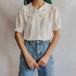 Rose Peter Pan Button Up Shirt (White) – Megoosta Fashion